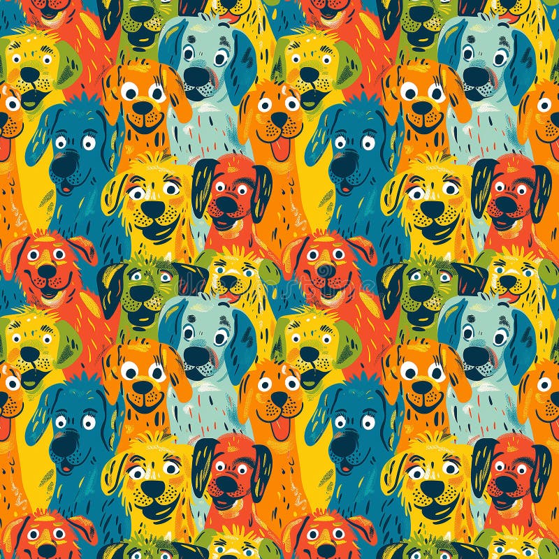 Colorful, Abstract Seamless Pattern with a Variety of Playful Dogs ...