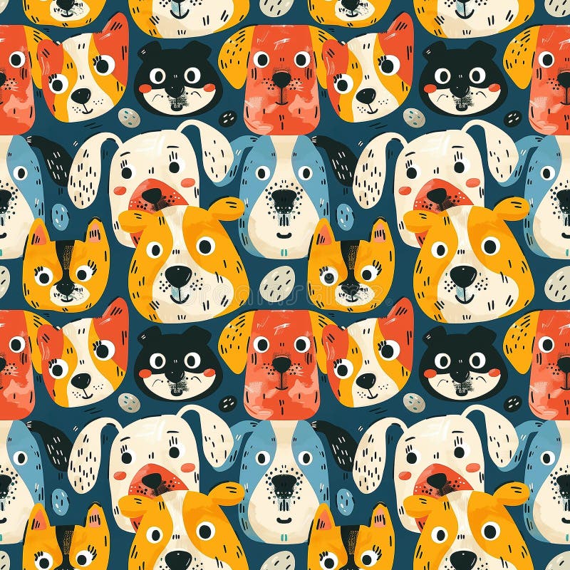 Colorful, Abstract Seamless Pattern with a Variety of Playful Dogs ...