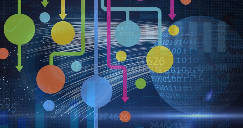 Colorful Abstract Shapes and Multiple Changing Numbers Against Binary Coding on Globe Stock ...
