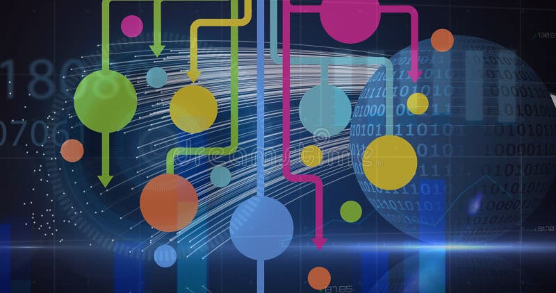 Colorful Abstract Shapes and Multiple Changing Numbers Against Binary Coding on Globe Stock ...