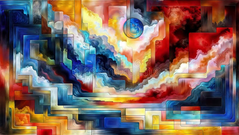 Colorful Abstract Sky: Clouds, Blue Moon, and Maze-like Structure ...