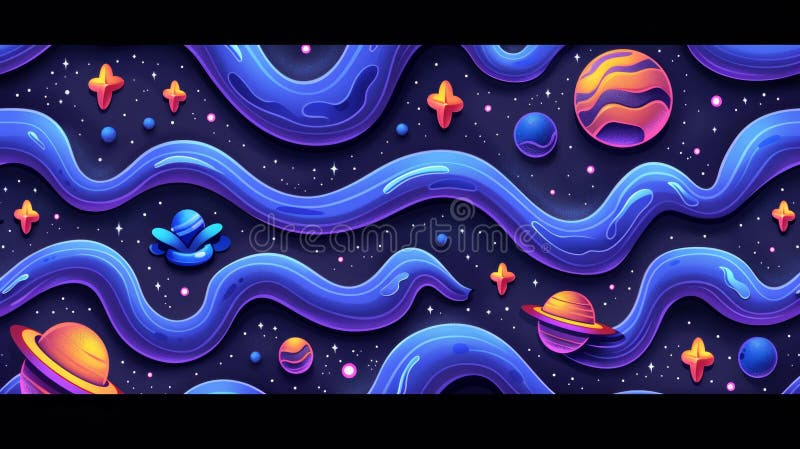 Colorful Abstract Space Design with Planets and Wavy Cosmic Patterns ...
