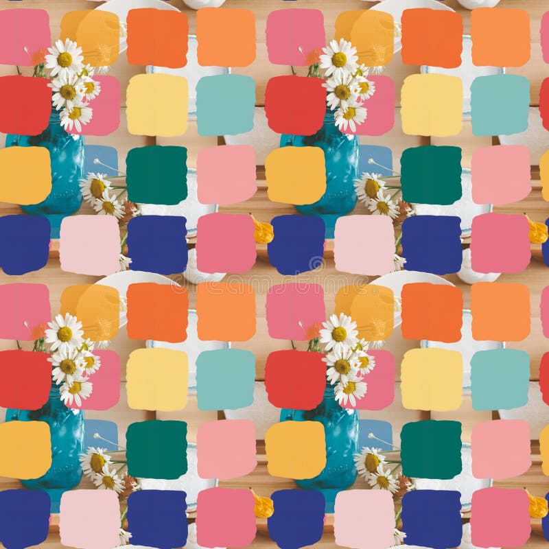 Colorful Abstract Square with Flowers Seamless Pattern Stock ...