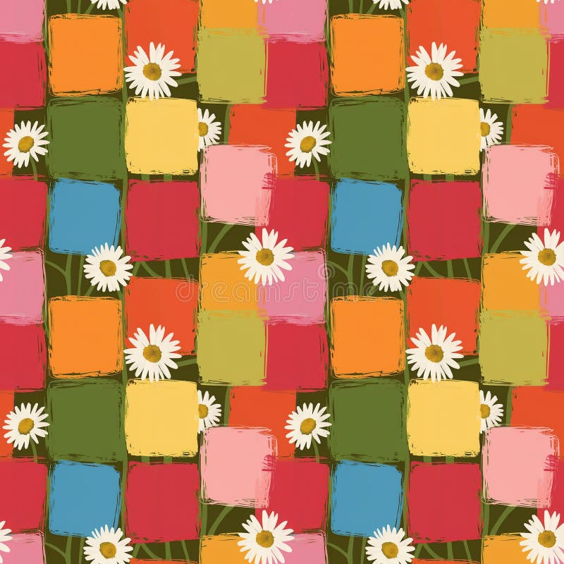 Colorful Abstract Square with Flowers Seamless Pattern Stock ...