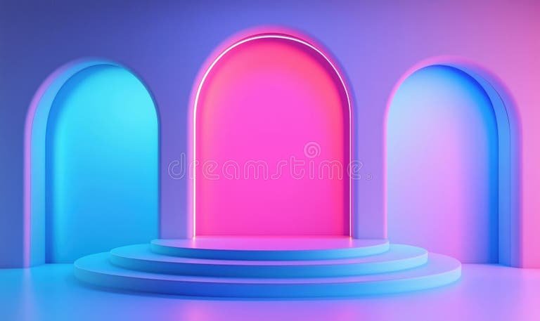 Colorful Abstract Stage with Glowing Arches and Circular Steps for ...