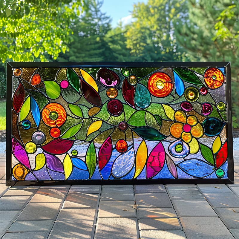 Colorful Abstract Stained Glass Window Panel with Floral and Leaf ...