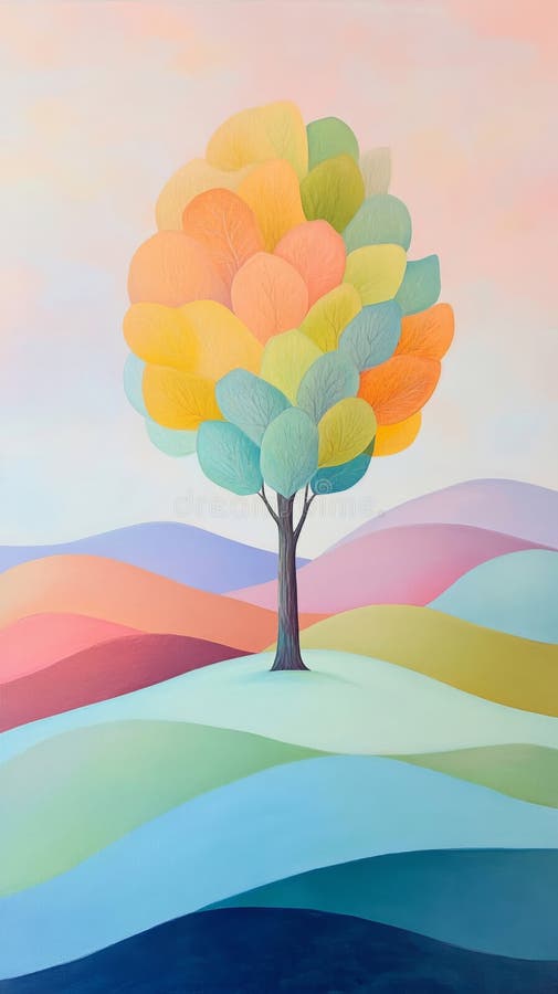 Colorful Abstract Tree with Pastel Landscape, Surreal Art Concept Stock ...