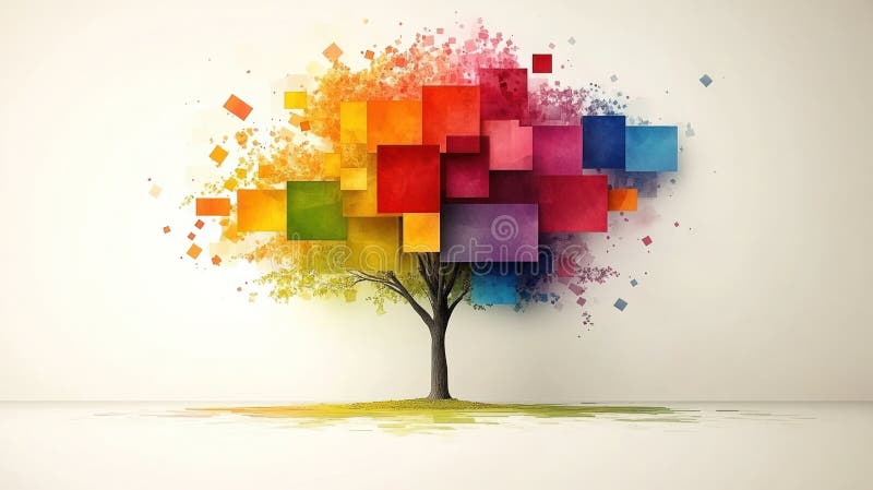 A Colorful Abstract Tree with Square Leaves on a White Background Stock ...