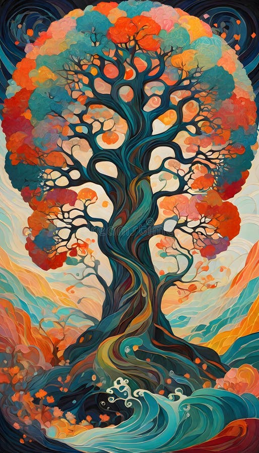 Colorful Abstract Tree with Swirling Patterns in Red and Blue Tones ...