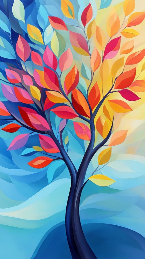 Colorful Abstract Tree with Vibrant Leaves and Blue Background, Modern ...