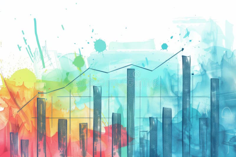 Colorful Abstract Watercolor Bar Graph with Rising Trend Line on White ...