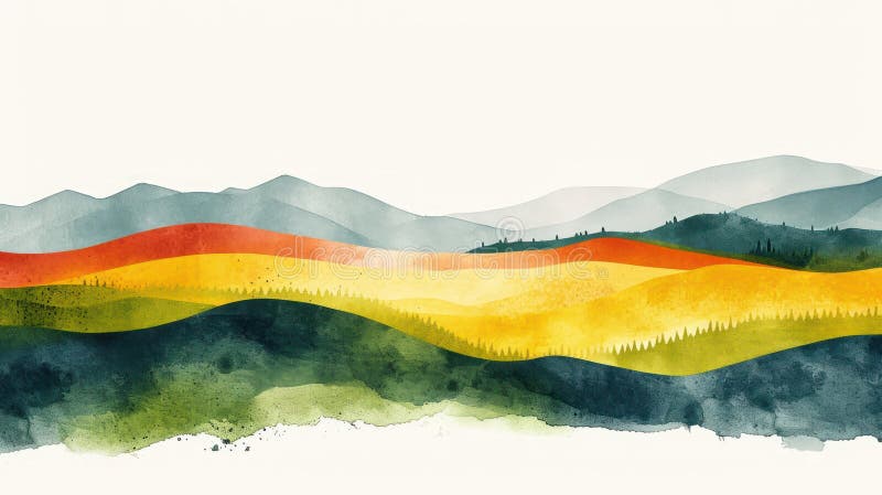 Colorful Abstract Watercolor Landscape of Layered Mountains and Fields ...