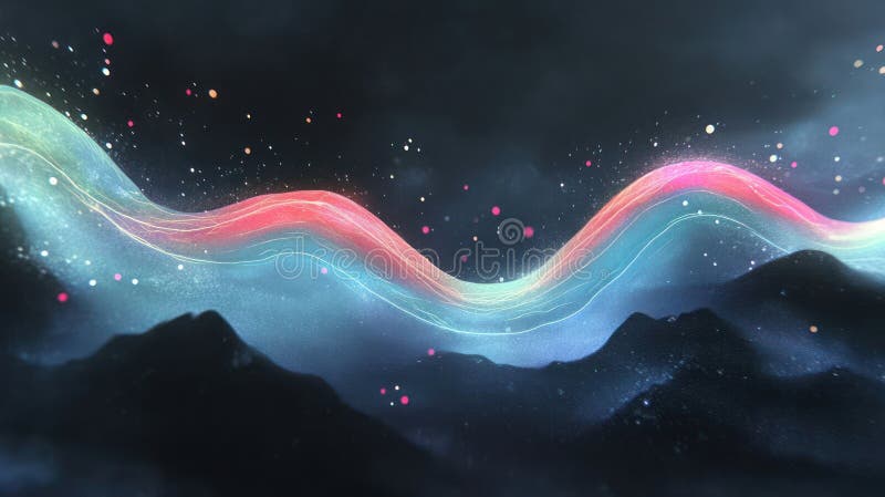 A Colorful, Abstract Wave Flows through a Dark, Misty Landscape ...