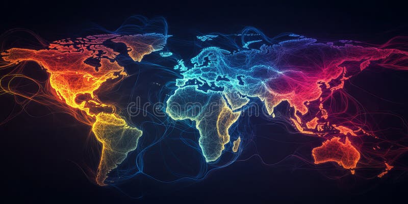 Colorful Abstract World Map with Dynamic Light Effects Stock ...