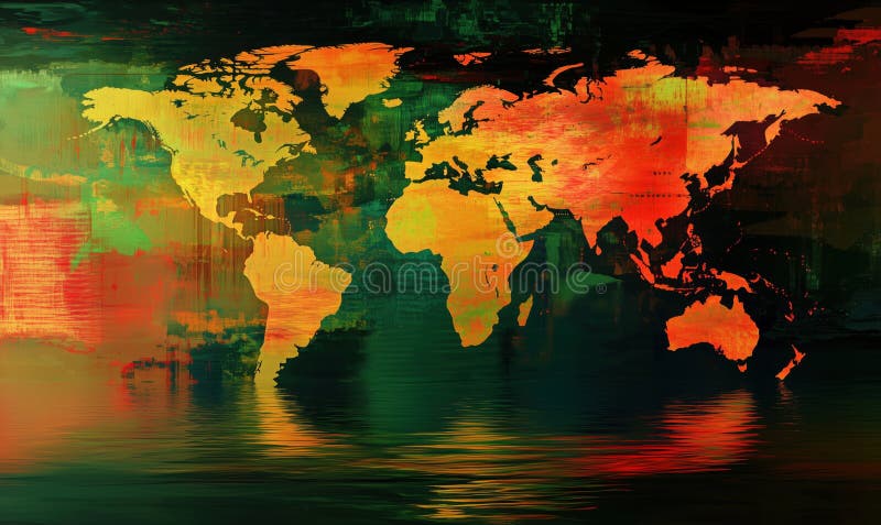 Colorful Abstract World Map with Vibrant Hues and Reflective Water ...