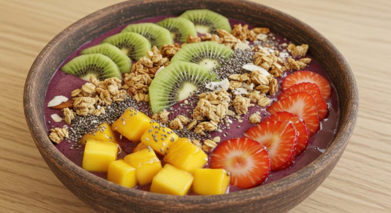 Colorful Acai Bowl with Kiwi, Strawberry and Mango Stock Illustration ...