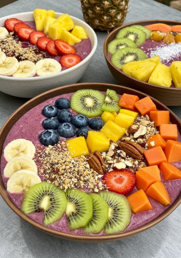 Colorful Acai Bowls with Tropical Fruits Stock Illustration ...