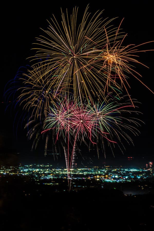 Colorful Aerial Firework Display Over City Skyline Stock Image - Image ...