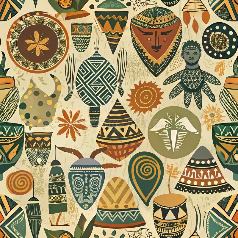 Colorful African Tribal Patterns and Traditional Artifacts Illustration ...