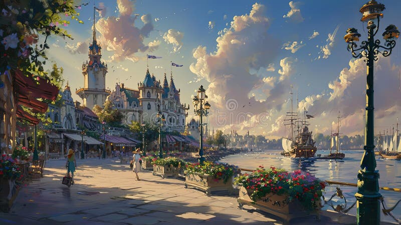 Colorful Afternoon Scene stock illustration. Illustration of tourism ...