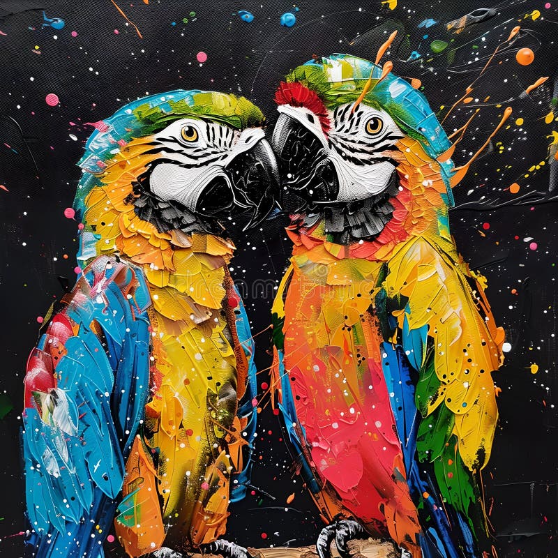 Colorful AI-Generated Art of Two Parrots on a Black Backdrop. Vibrant ...