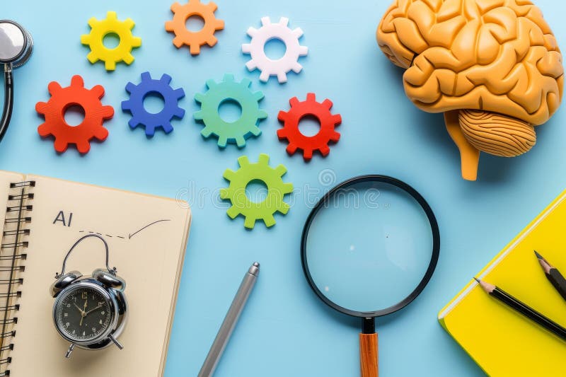 Colorful AI Themed Desk with Brain Model, Gears, Magnifying Glass, and ...