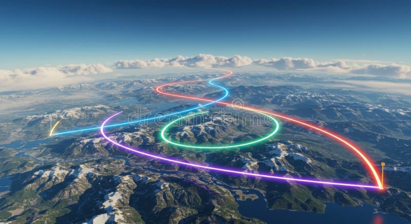 Colorful Airplane Flight Paths Over Mountainous Terrain Stock ...
