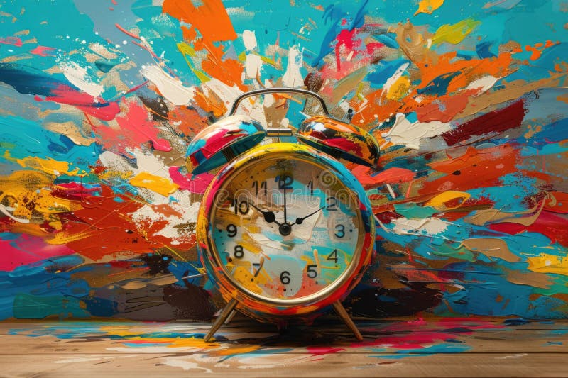 A Colorful Alarm Clock Sits on a Wooden Surface in Front of a Vibrant ...