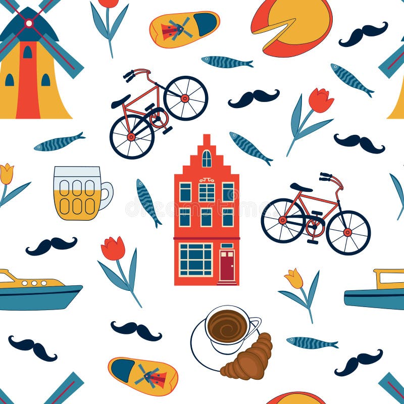 Colorful Amsterdam Icons Seamless Pattern Stock Vector - Illustration ...