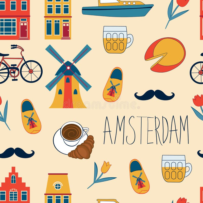 Colorful Amsterdam Icons Seamless Pattern Stock Vector - Illustration ...