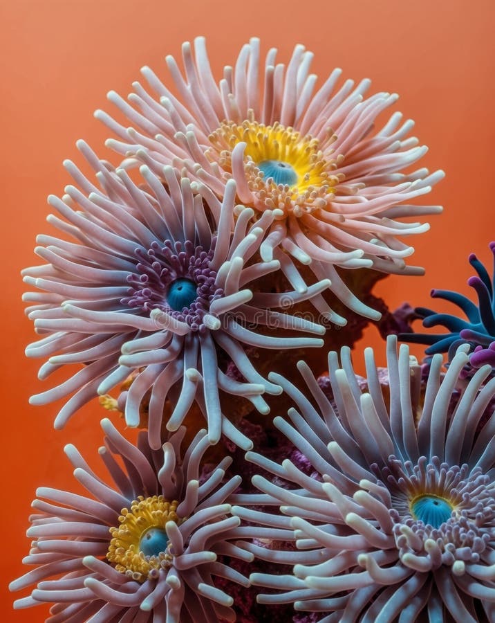 Colorful Anemones on a Vibrant Orange Background. Stock Photo - Image ...