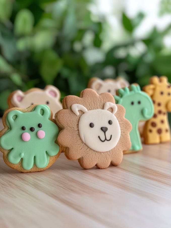Colorful Animal-shaped Cookies on a Wooden Surface Stock Illustration ...