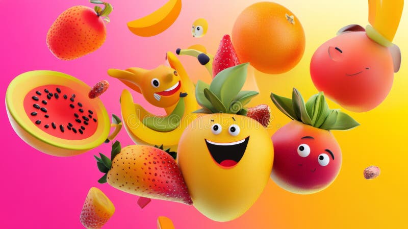 Colorful Animated Fruits with Cheerful Faces Floating Against a Vibrant ...