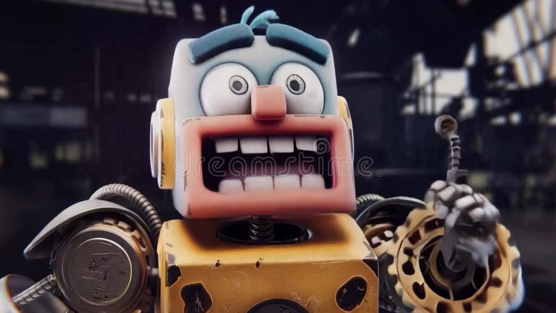 Surprised Animated Robot with Expression in Industrial Setting Stock ...
