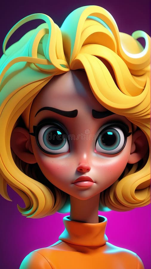 Colorful Animation of a Girl with Large Eyes and Expressive Face Stock ...