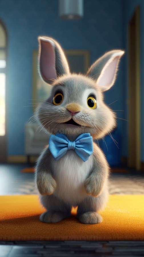 Colorful Animation: Small Bunny with Blue and Yellow Bowtie. Stock ...