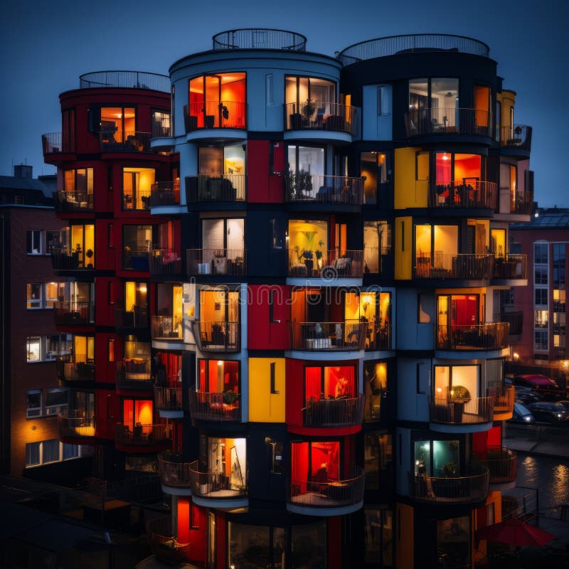 A Colorful Apartment Building Lit Up at Night Stock Illustration ...