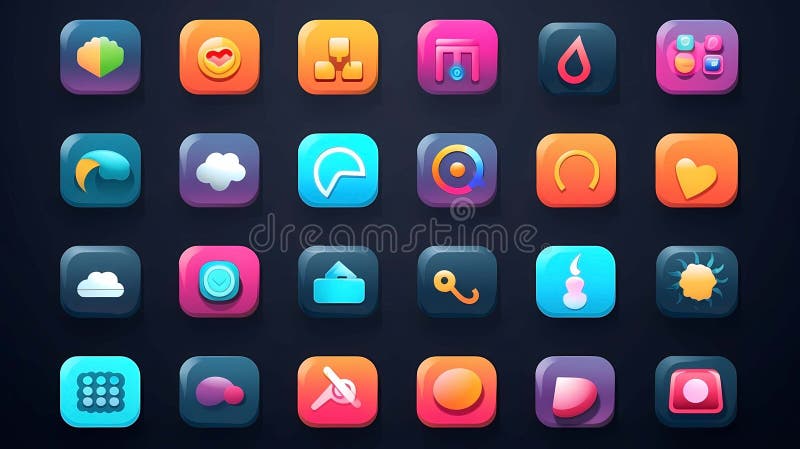 Colorful App Icons Set on Dark Background, Generative AI Illustrations ...