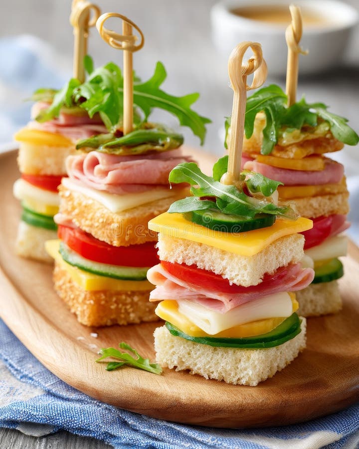 Colorful Appetizer Stacks with Ham, Cheese, and Vegetables on Wooden ...