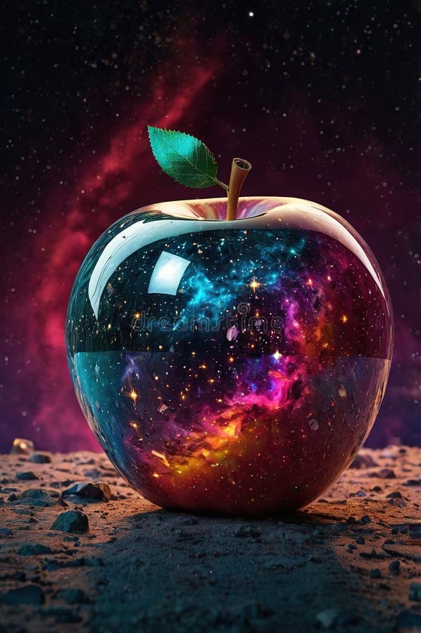 A Colorful Apple is Floating in Space with a Green Leaf on Top Stock ...