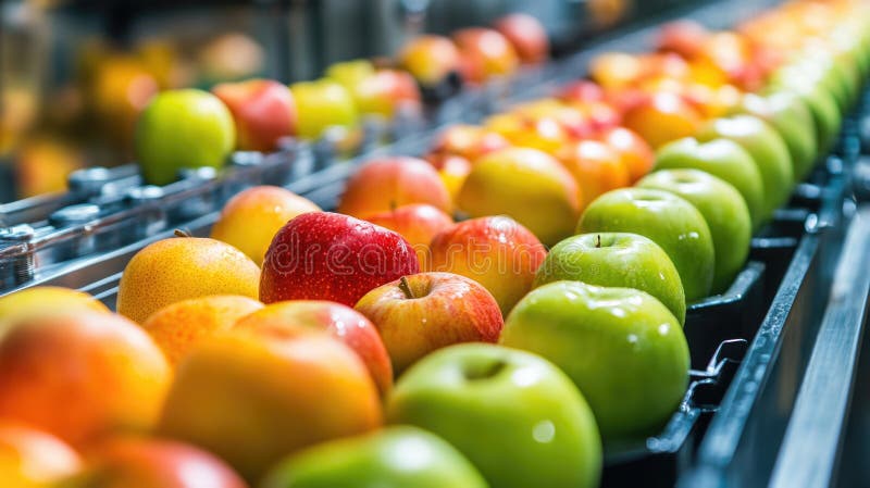 Colorful Apples and Pears on Conveyor Belt in Fruit Processing Plant ...