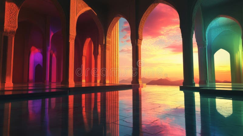 Colorful Arches Frame Vibrant Sunset Landscape Stock Illustration ...