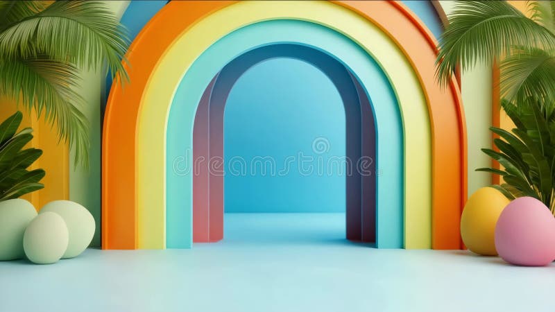 Colorful Arches and Tropical Plants in Minimal Pastel Room Interior ...