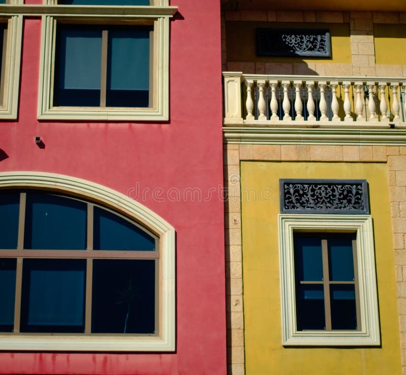 Colorful Architectural Facade with Red and Yellow Walls Stock ...