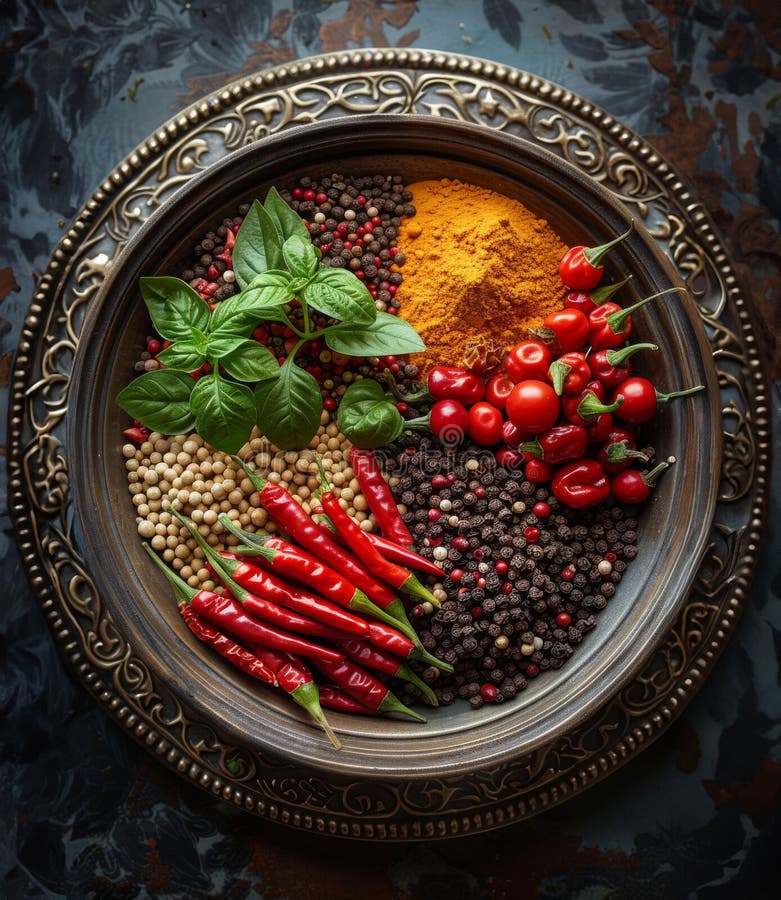 Colorful Aromatic Indian Spices and Herbs on Vintage Plate Stock Photo ...