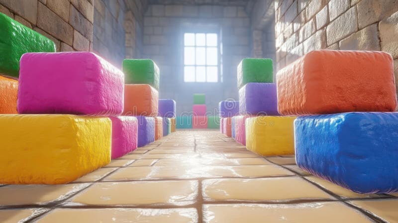A Colorful Arrangement of Blocks in a Bright, Stone-walled Room Stock ...
