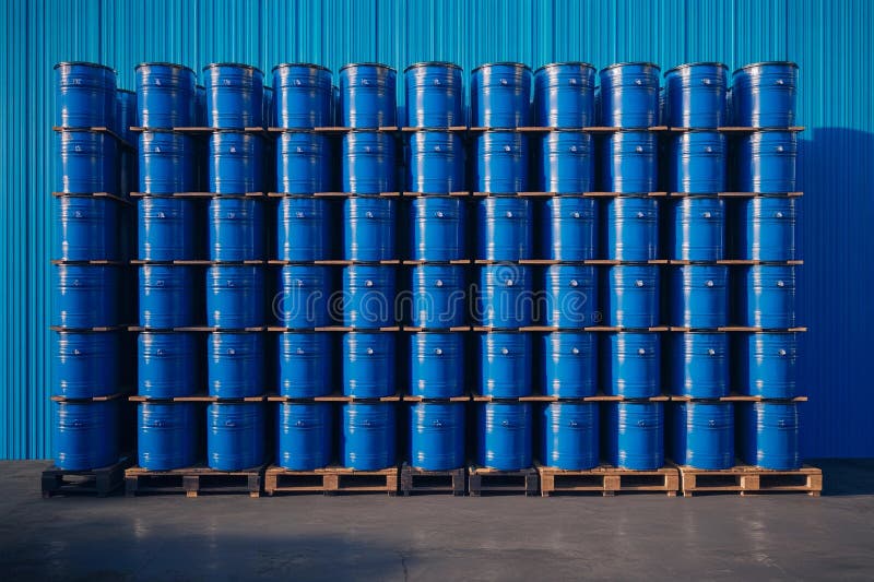 Stacked Blue Barrels Against a Vibrant Wall at a Busy Warehouse ...