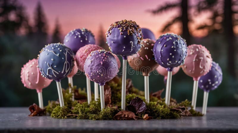 Delicious Purple and Pink Cake Pops on Mossy Surface at Sunset Stock ...