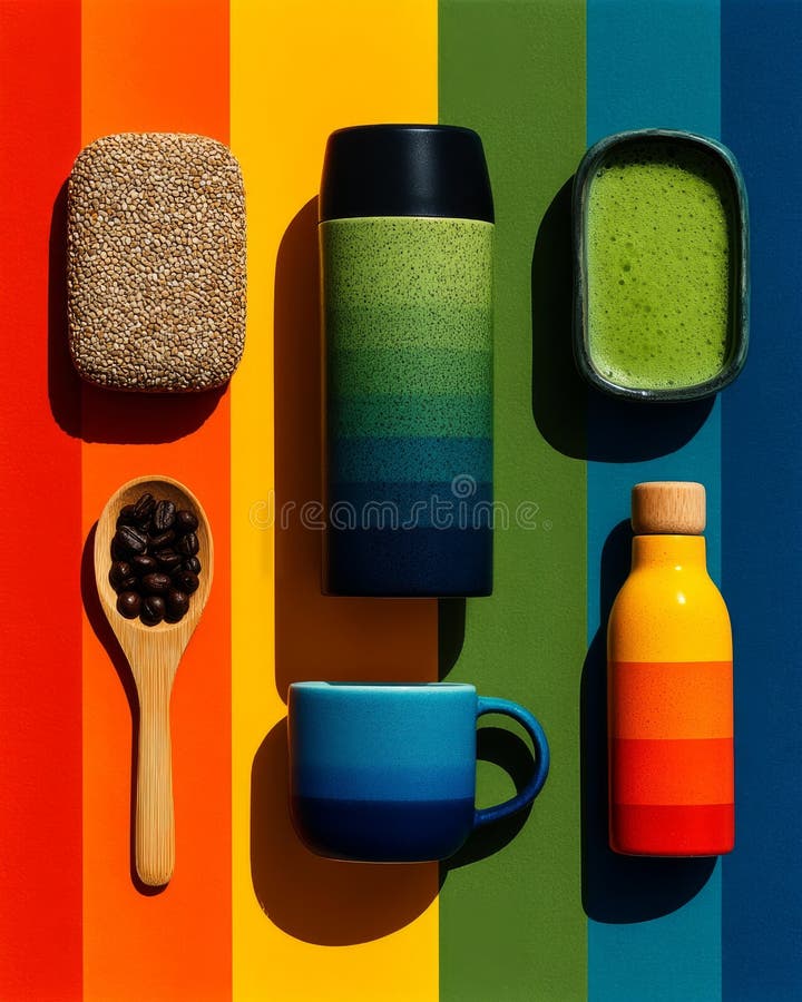 Colorful Arrangement of Everyday Objects on Vibrant Stripes Creating a ...