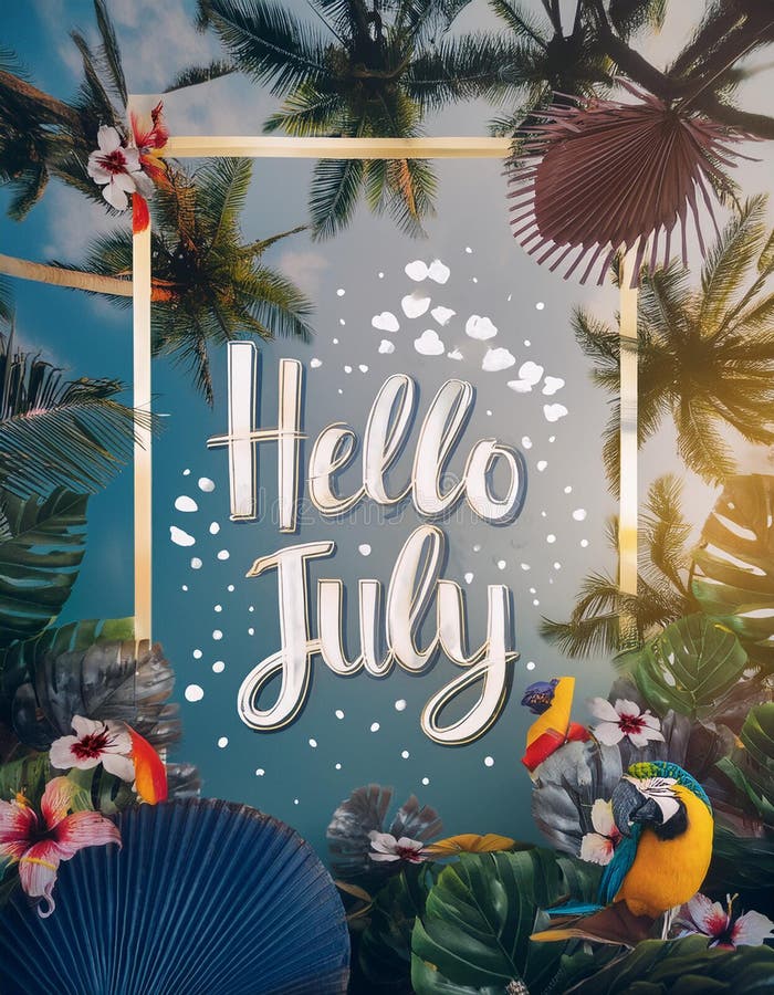 A Colorful Arrangement of Flowers with the Words "Hello July Stock ...
